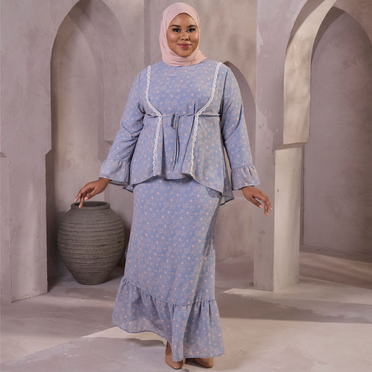 Yousha Mermaid Kurung Set - Dusty Blue Print – YOUWEARMODESTY